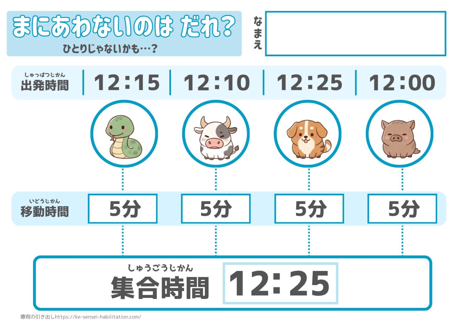 【時間の計算】 『間に合わないのは誰？』 [算数] 6段階18枚｜療育の引き出し